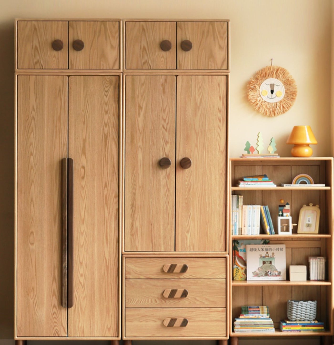 children's solid wood wardrobe bookcase oak free combination cabinet ...