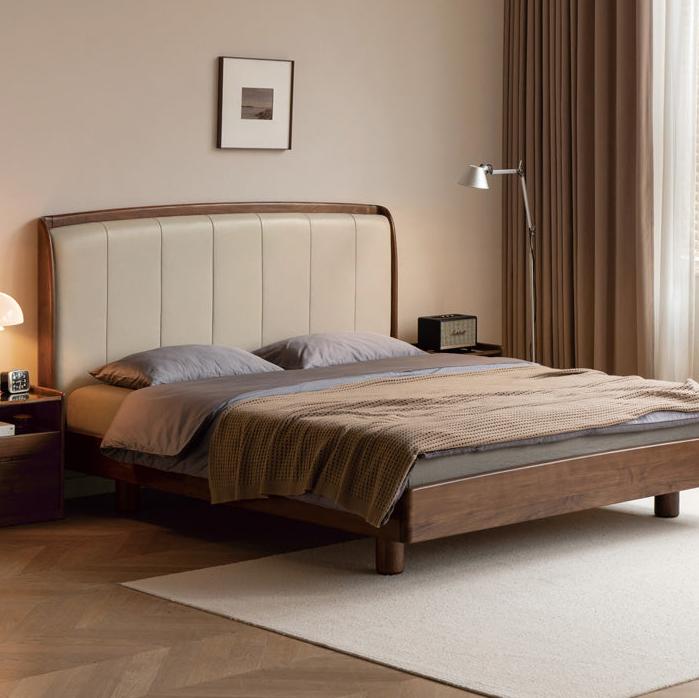 Solid Wood Bed Simple Black Walnut High Back Bed Bedroom Soft Bed Log ...