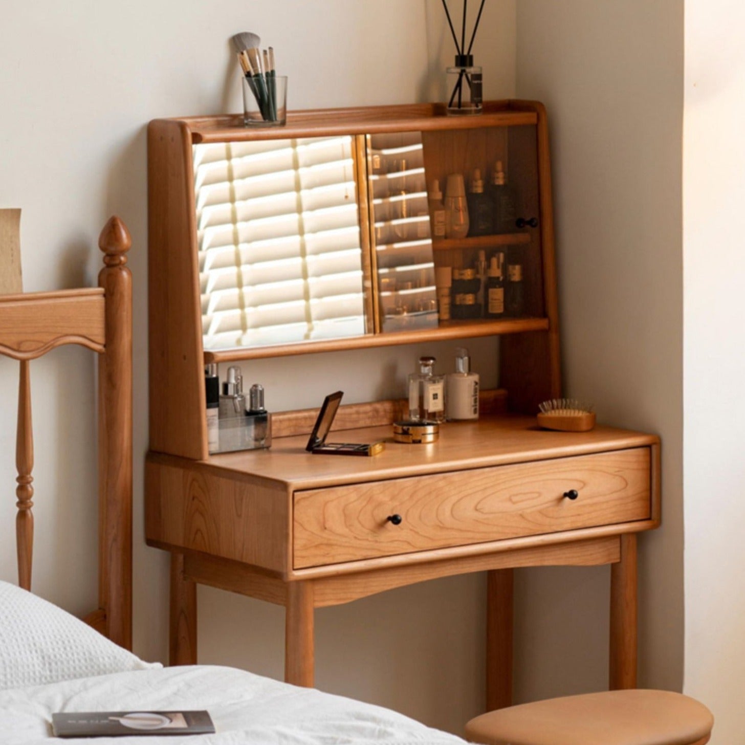 solid wood makeup table retro cherry wood multi-functional storage ...