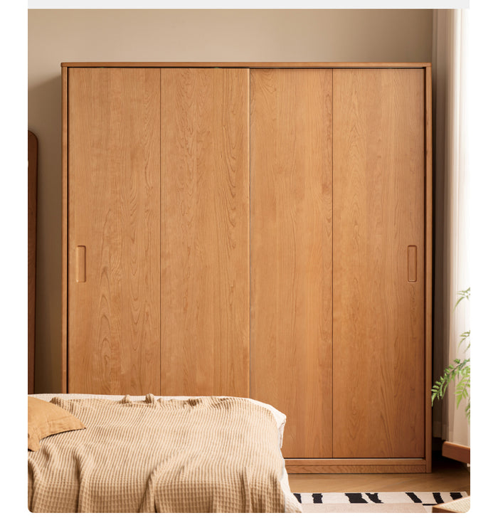 Solid Wood Sliding Door Wardrobe Household Bedroom Small Unit Cherry ...