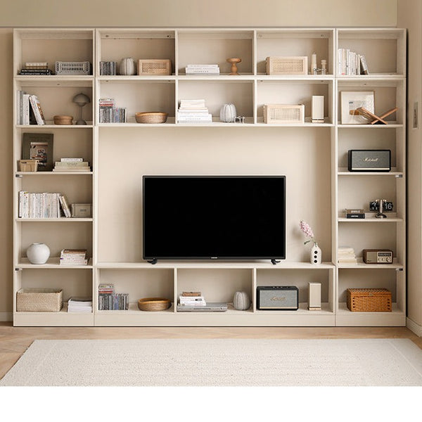 Solid wood bookshelf storage rack cream style full wall cabinet living ...