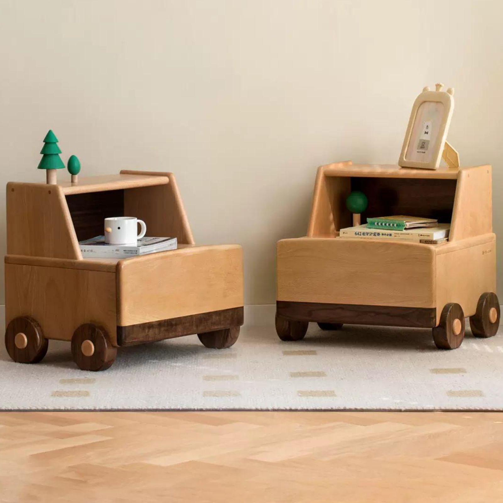 Beech Solid Wood Kids Nightstand Car Cartoon