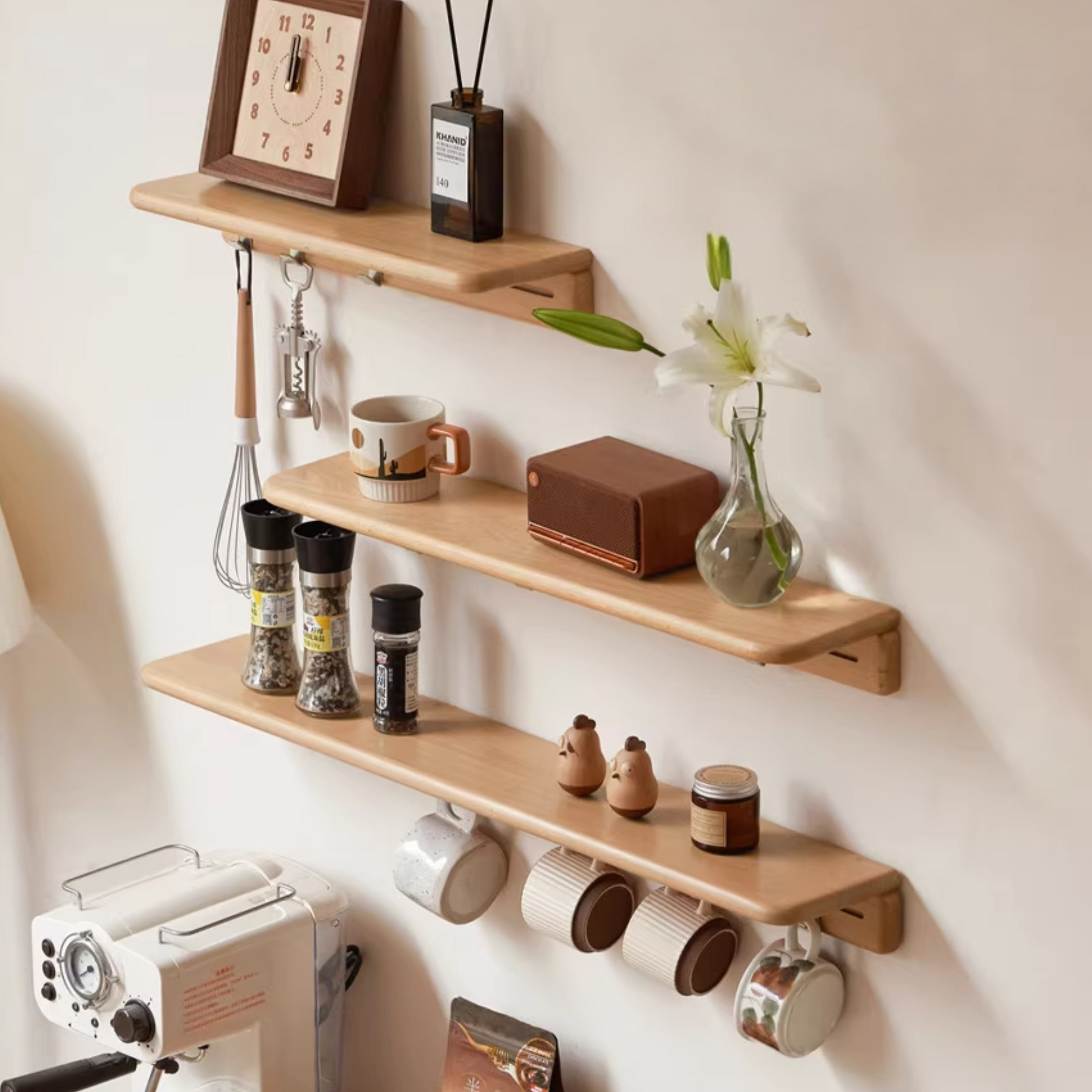 solid wood wall one-word shelf wall shelf with hook living room wood ...