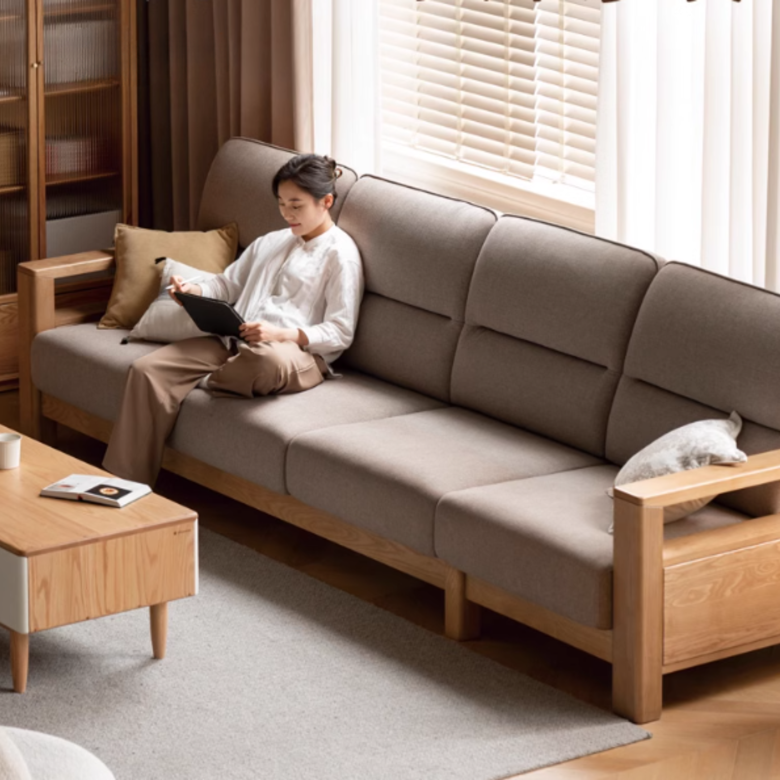 Full Solid Wood Sofa New Chinese Style White Wax Wood Fabric Sofa ...