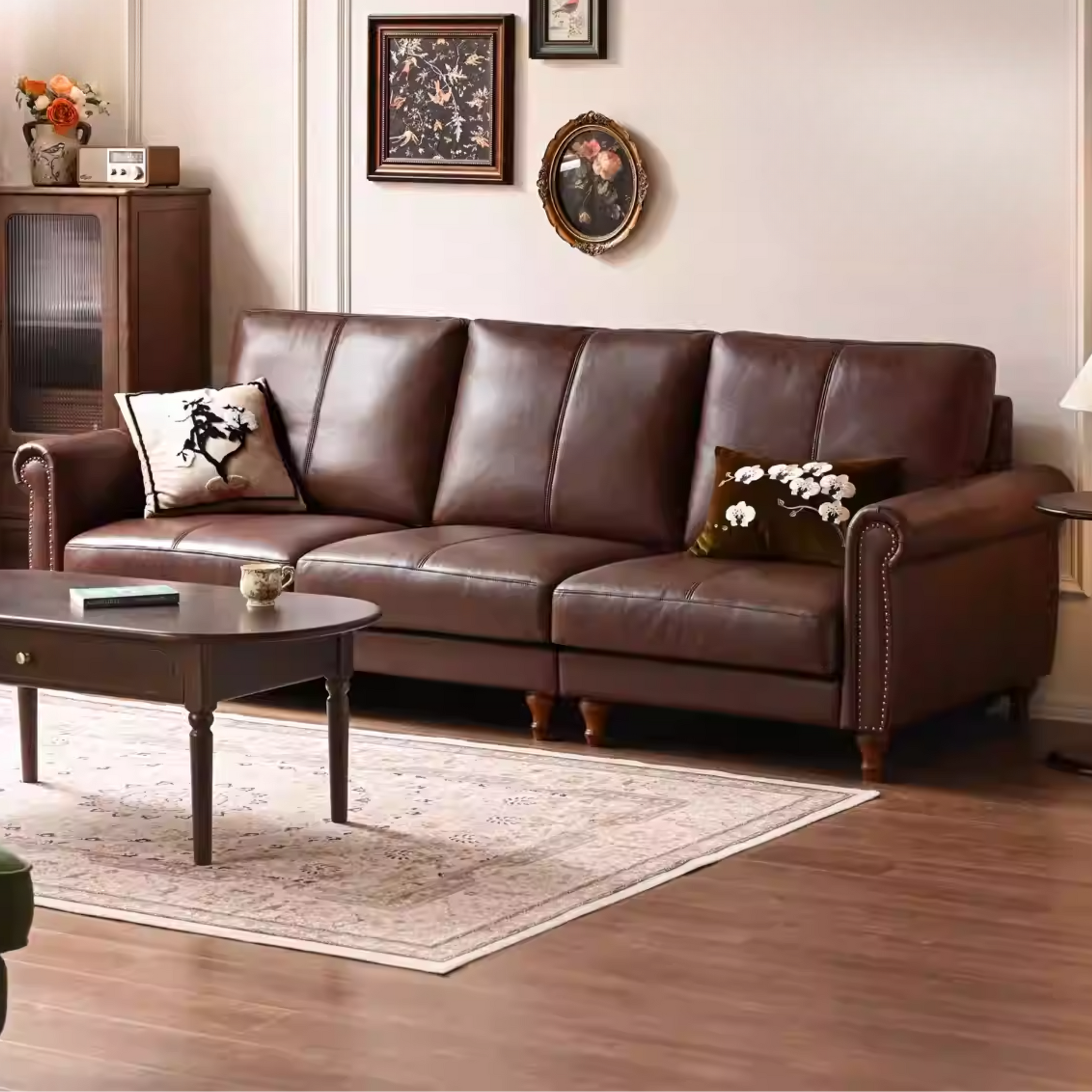 leather sofa living room American retro straight sofa home small ...