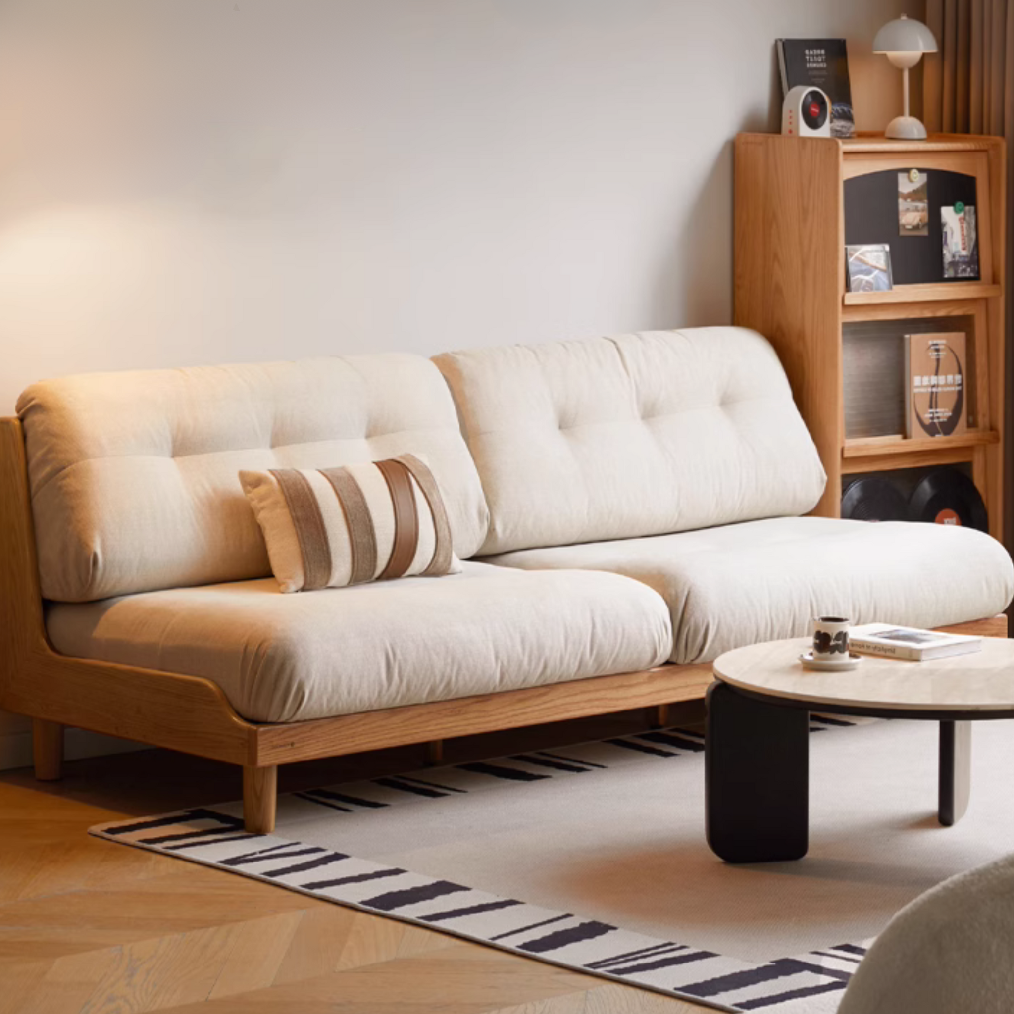 Solid Wood Sofa Living Room Modern Simple Oak Straight Line Sofa Home ...