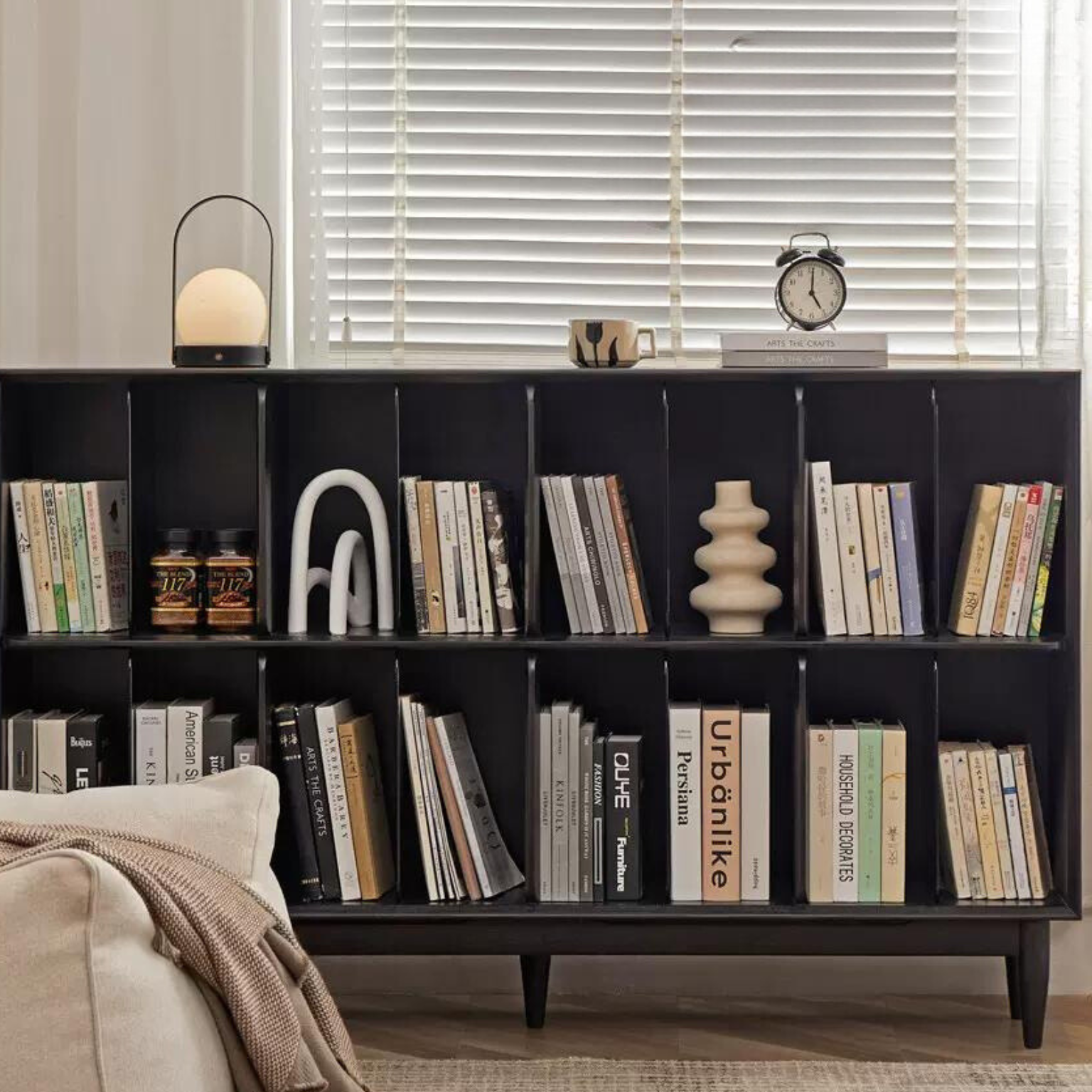Solid Wood Bookshelf Modern Simple Bookcase Black Plaid Cabinet Living ...
