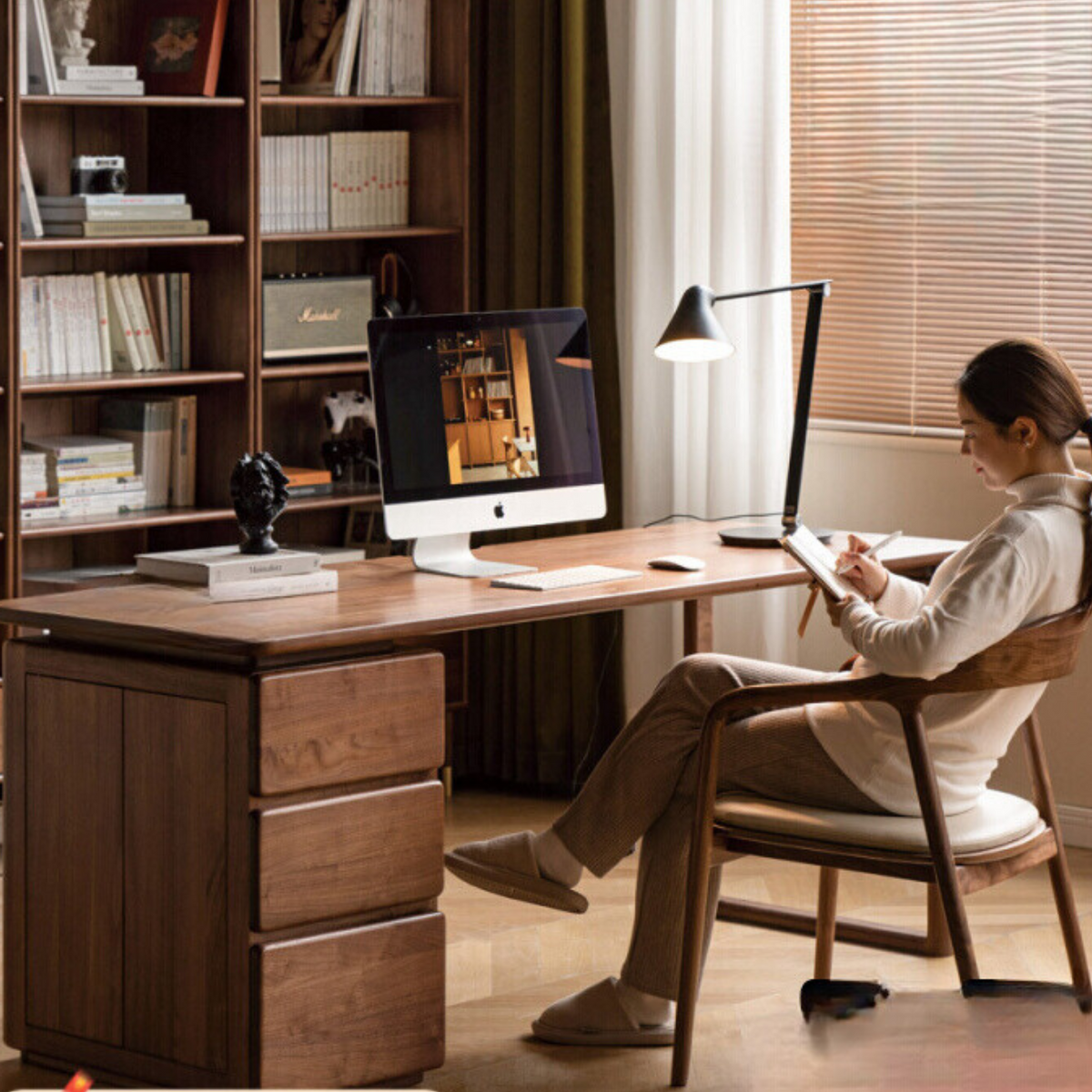 Solid wood desk cabinet integrated work table, home office desk, black ...