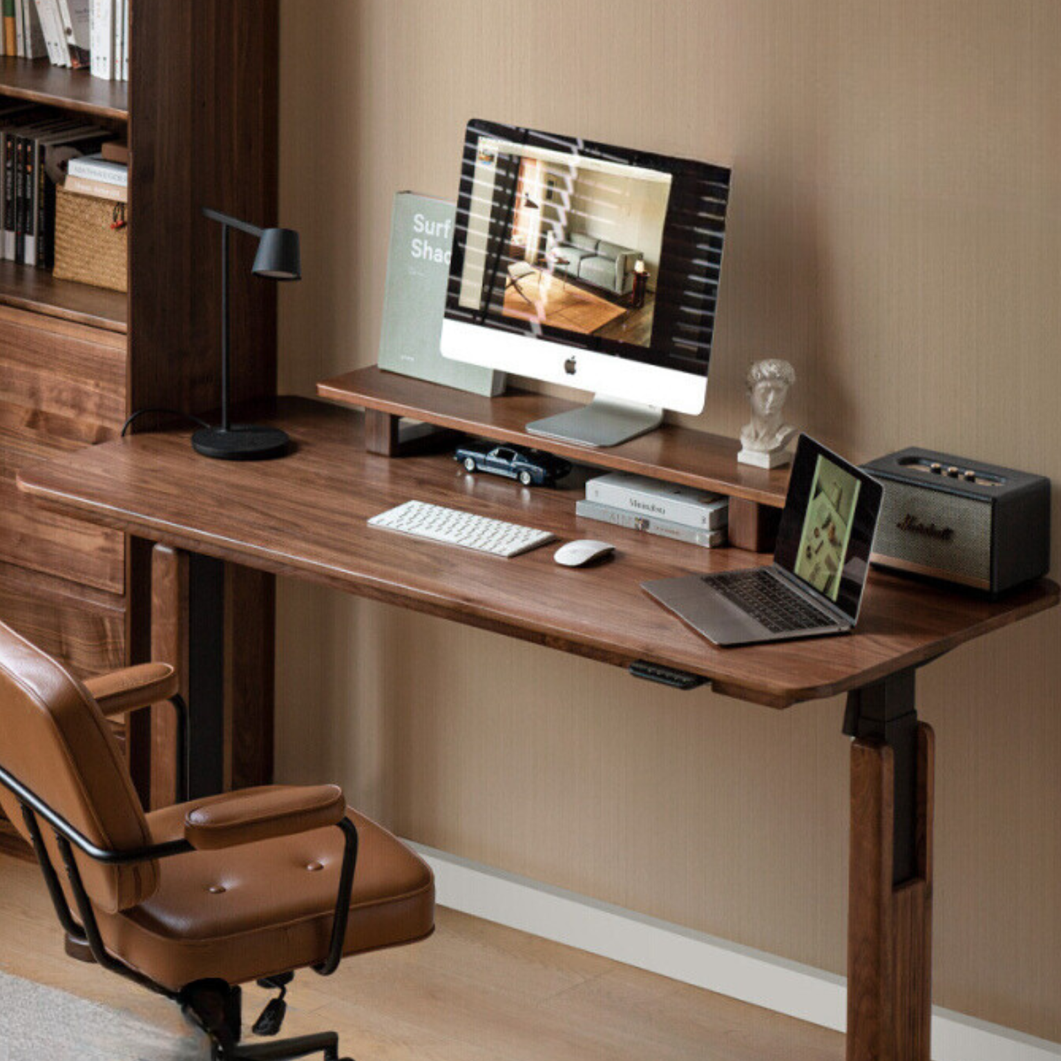 Electric Elevating Desk, Home Black Walnut Wood Office Desk, Computer ...