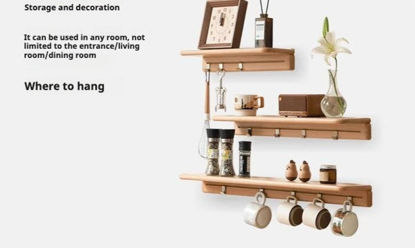 solid wood wall one-word shelf wall shelf with hook living room wood ...