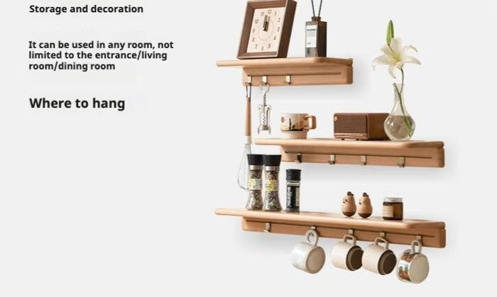 solid wood wall one-word shelf wall shelf with hook living room wood ...