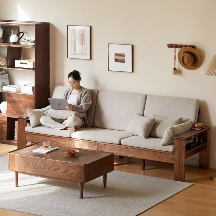 Solid Wood Sofa Modern Simple Black Walnut Fabric Sofa Living Room ...