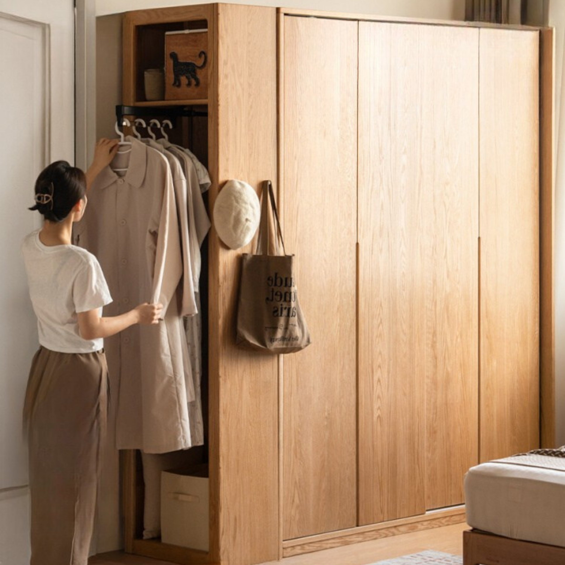 Oak, Black Walnut Solid Wood Modern Corner Wardrobe