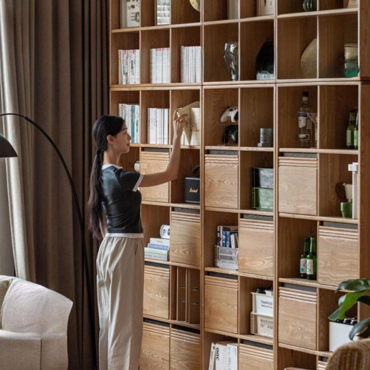 Ash Solid Wood Modern Grid Bookcase.
