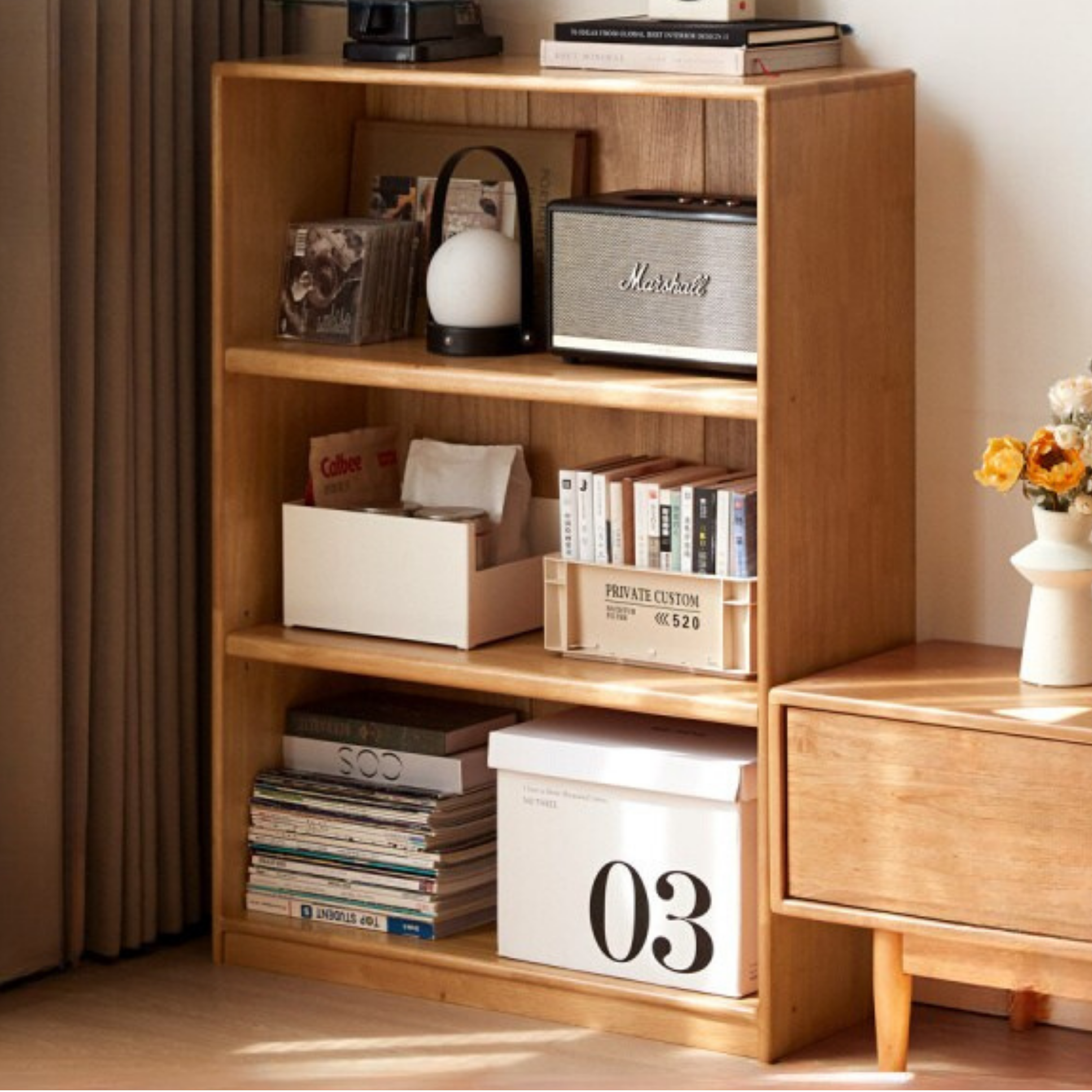 Solid Rubberwood Floor-Standing Bookcase with Study Storage Cabinet
