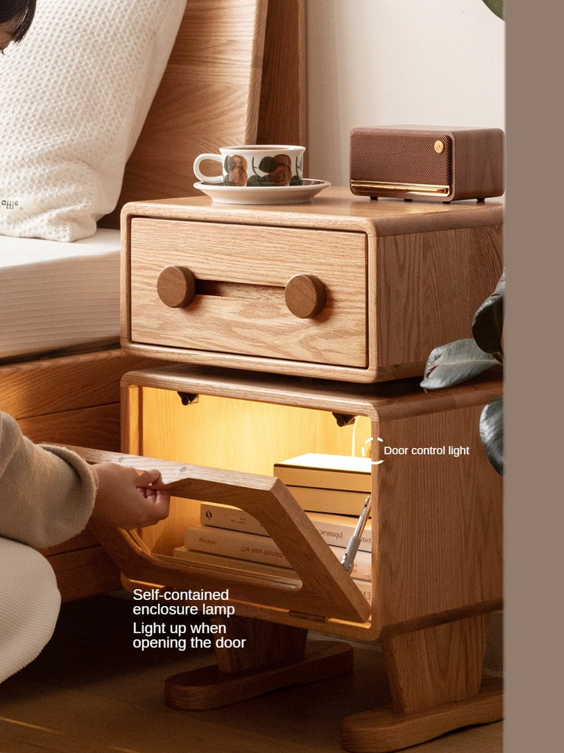 solid wood bedside table bedroom oak simple with light locker against ...