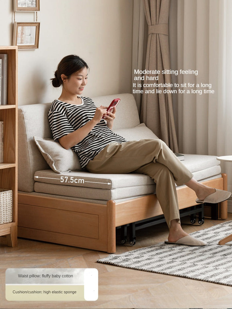 solid wood sofa bed modern minimalist foldable bed Nordic small ...