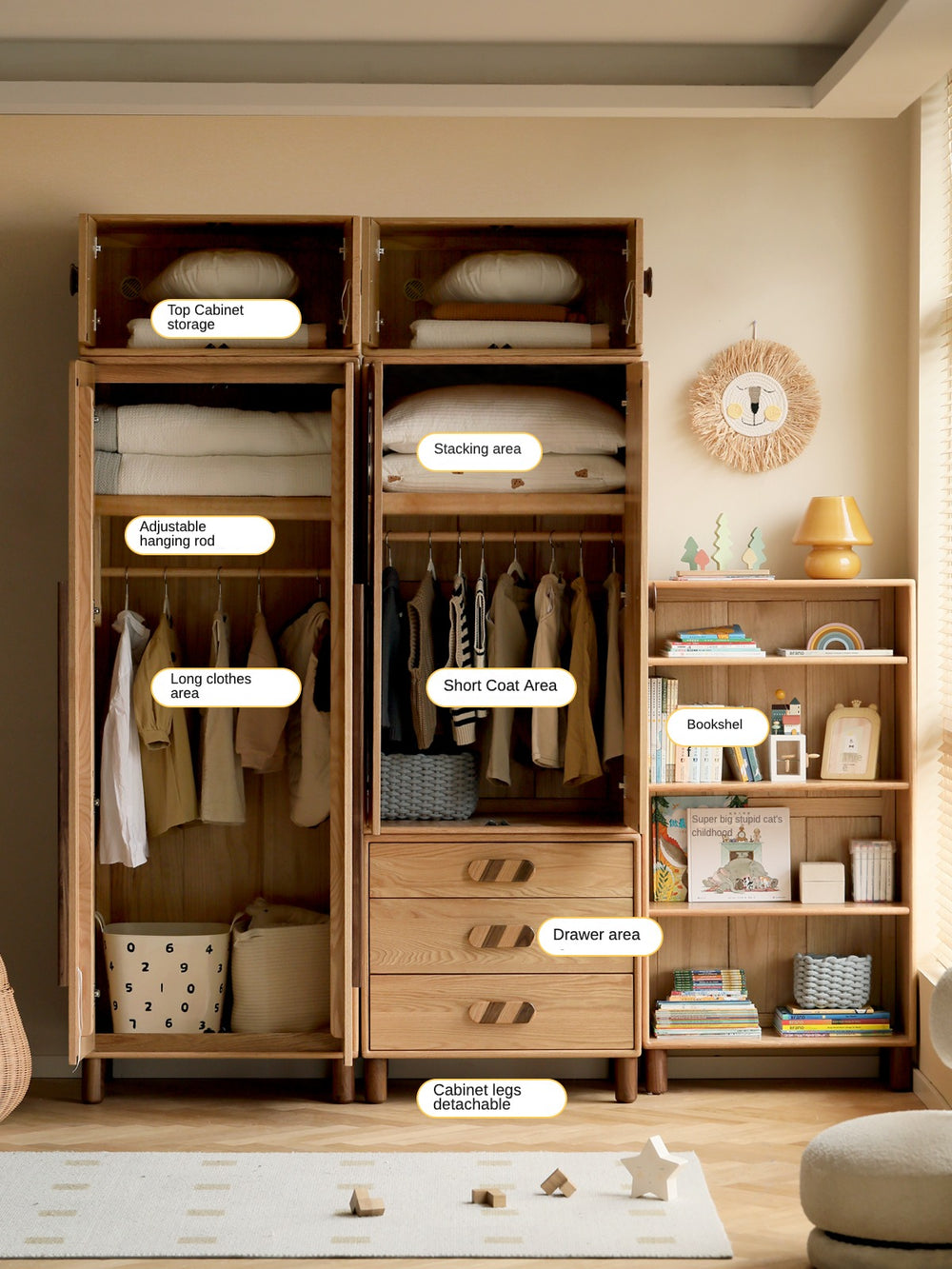 children's solid wood wardrobe bookcase oak free combination cabinet ...