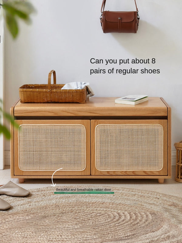 Oak Solid Wood Rattan Shoe Storage Bench
