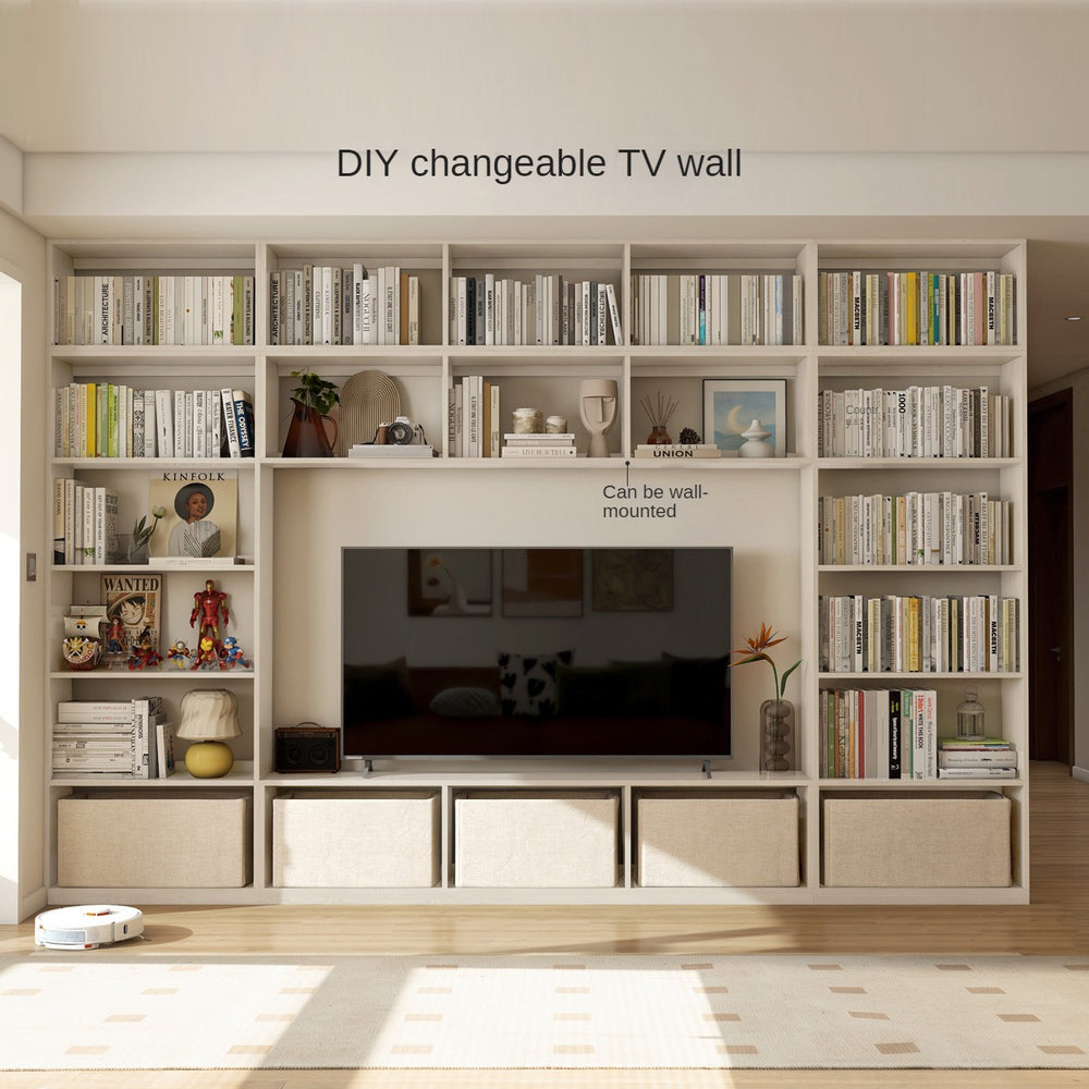 Solid wood bookshelf storage rack cream style full wall cabinet living ...