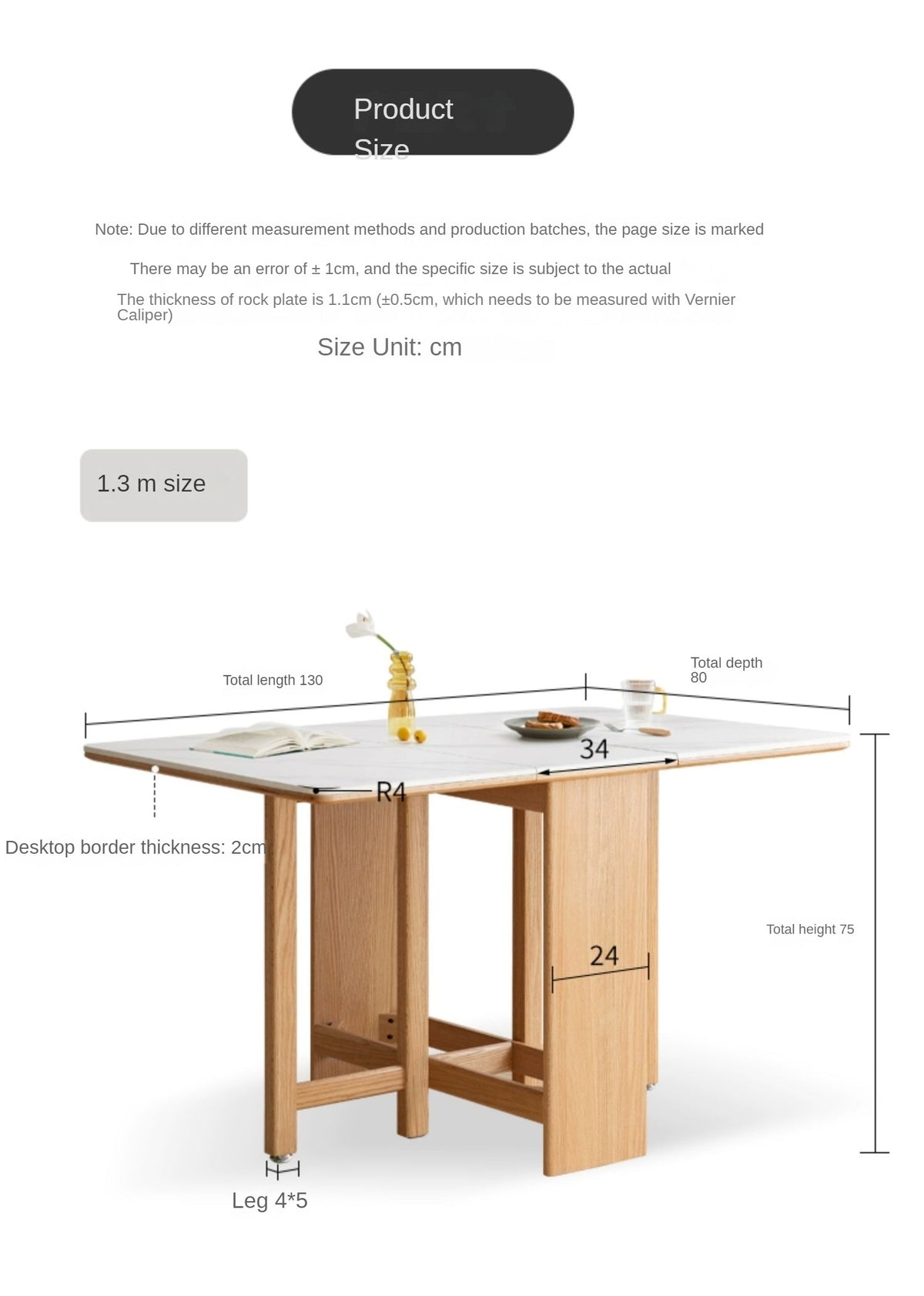 Oak solid wood Foldable Dining Table with rock slab surface,
