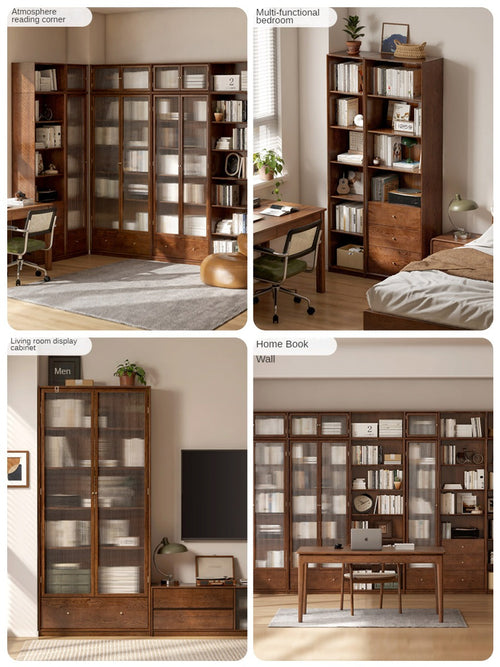 solid wood dust-proof glass door bookcase background wall floor-to ...