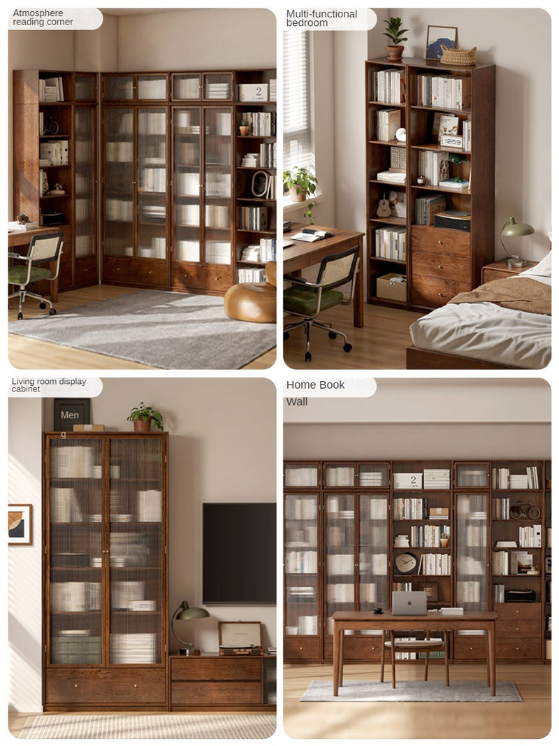 solid wood dust-proof glass door bookcase background wall floor-to ...