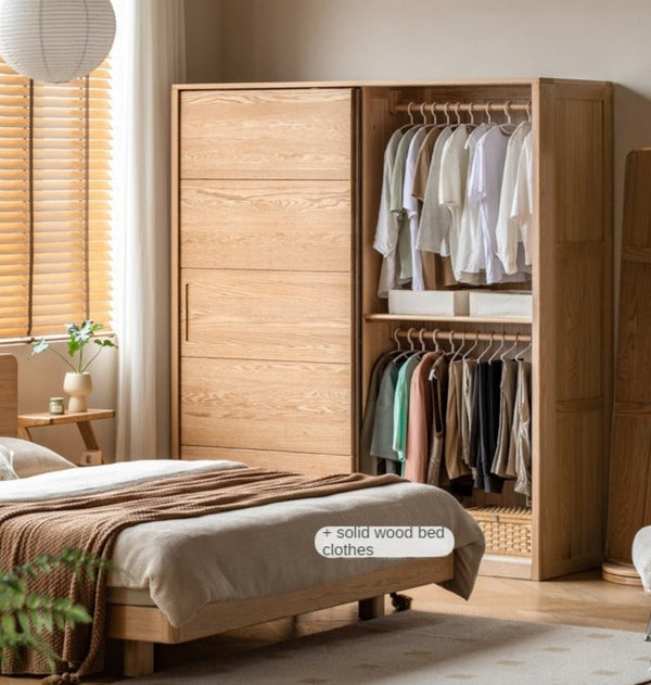 Solid wood sliding door wardrobe, household bedroom storage cabinet ...