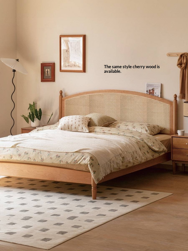 Oak Solid Wood Bed — Light Retro Style with Rattan Design
