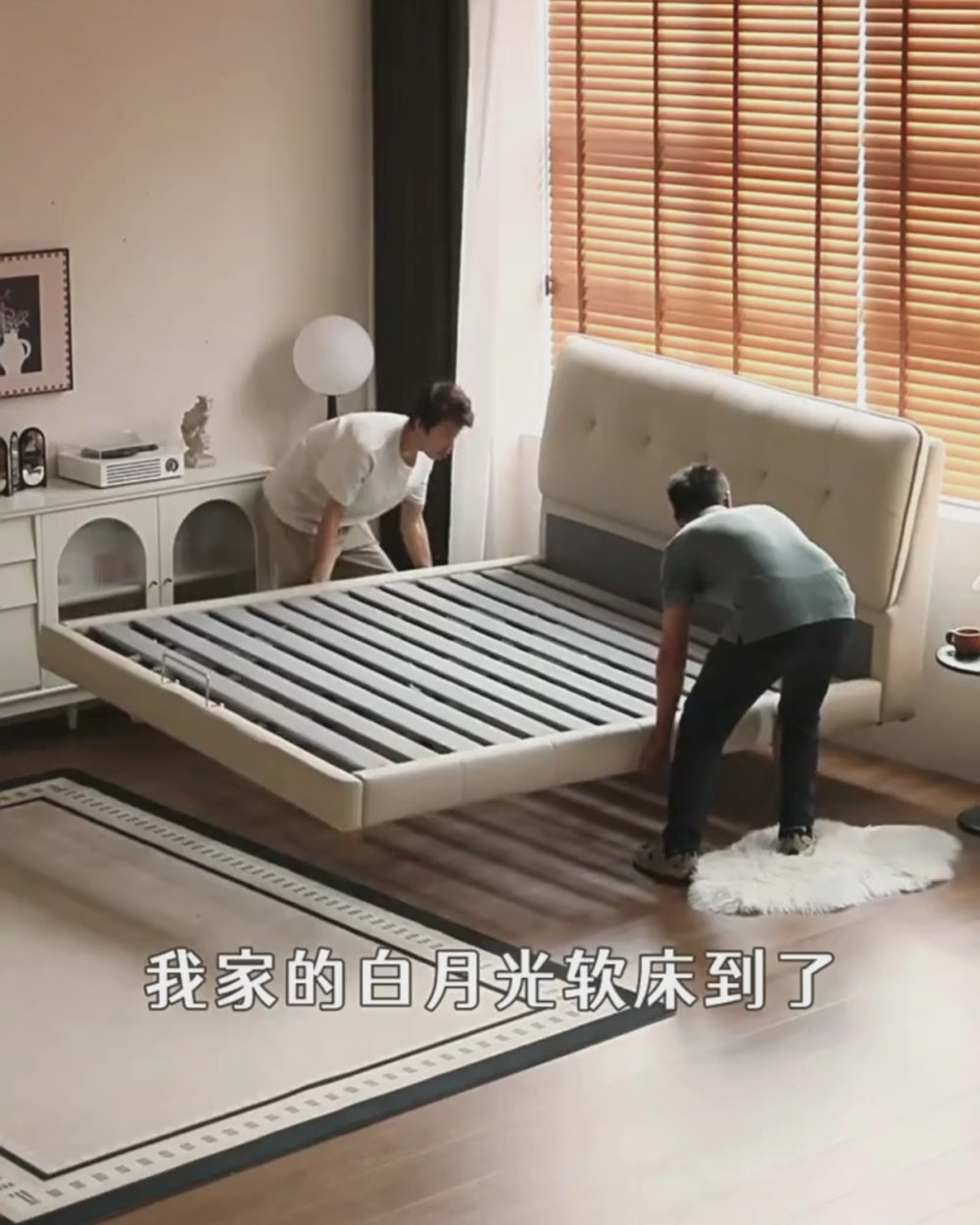 fabric bed puff cream style with light suspended bed modern simple ...