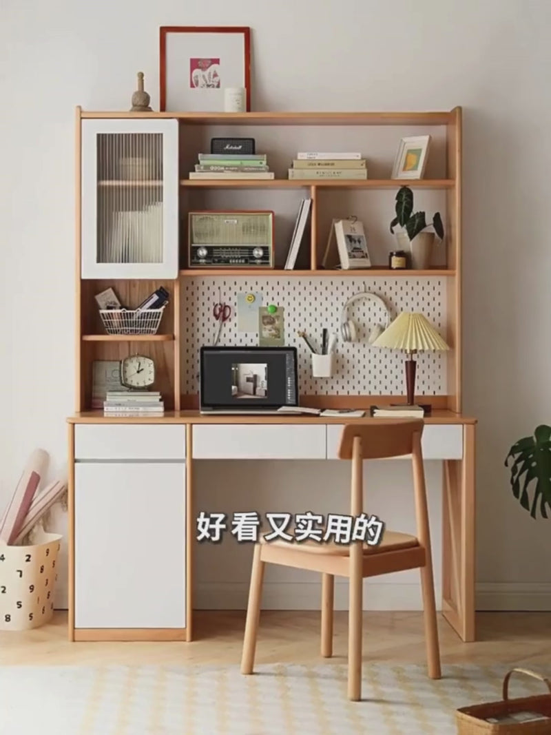 solid wood desk bookshelf integrated study desk combination writing ...