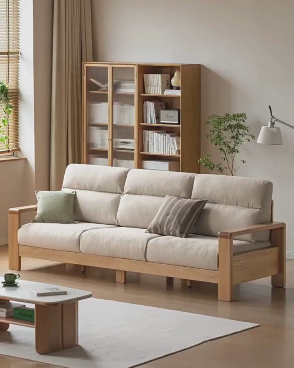 Solid Wood Sofa Modern Simple Fabric Sofa Oak Log Color Straight Sofa ...