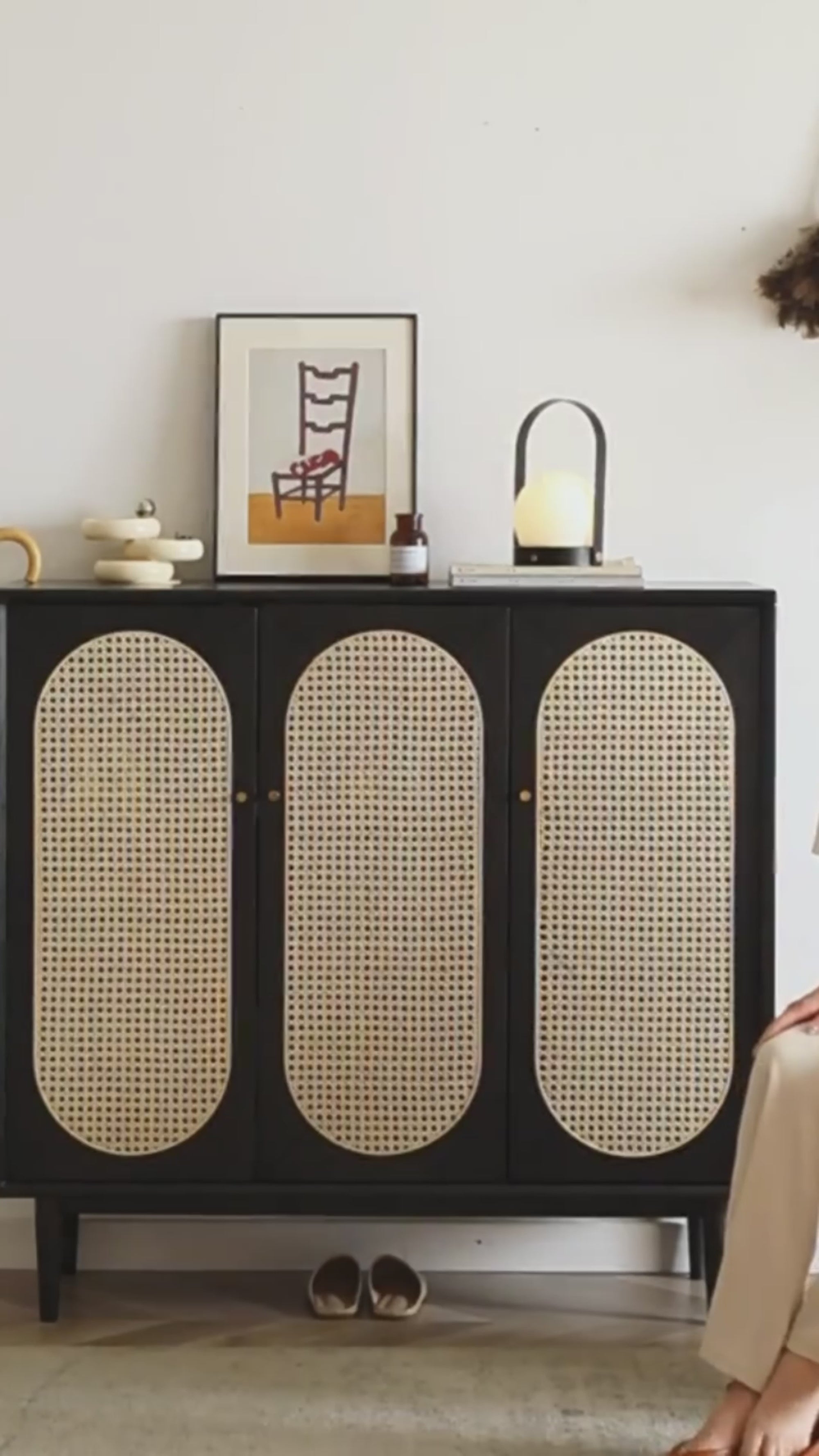 Oak Solid Wood Black Rattan Shoe Cabinet