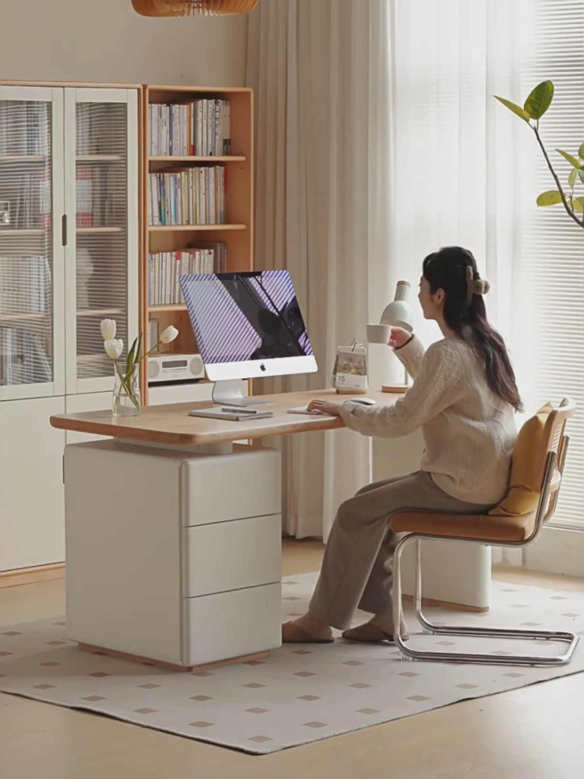 solid wood desk with lower cabinet, cream wind oak office desk, home ...