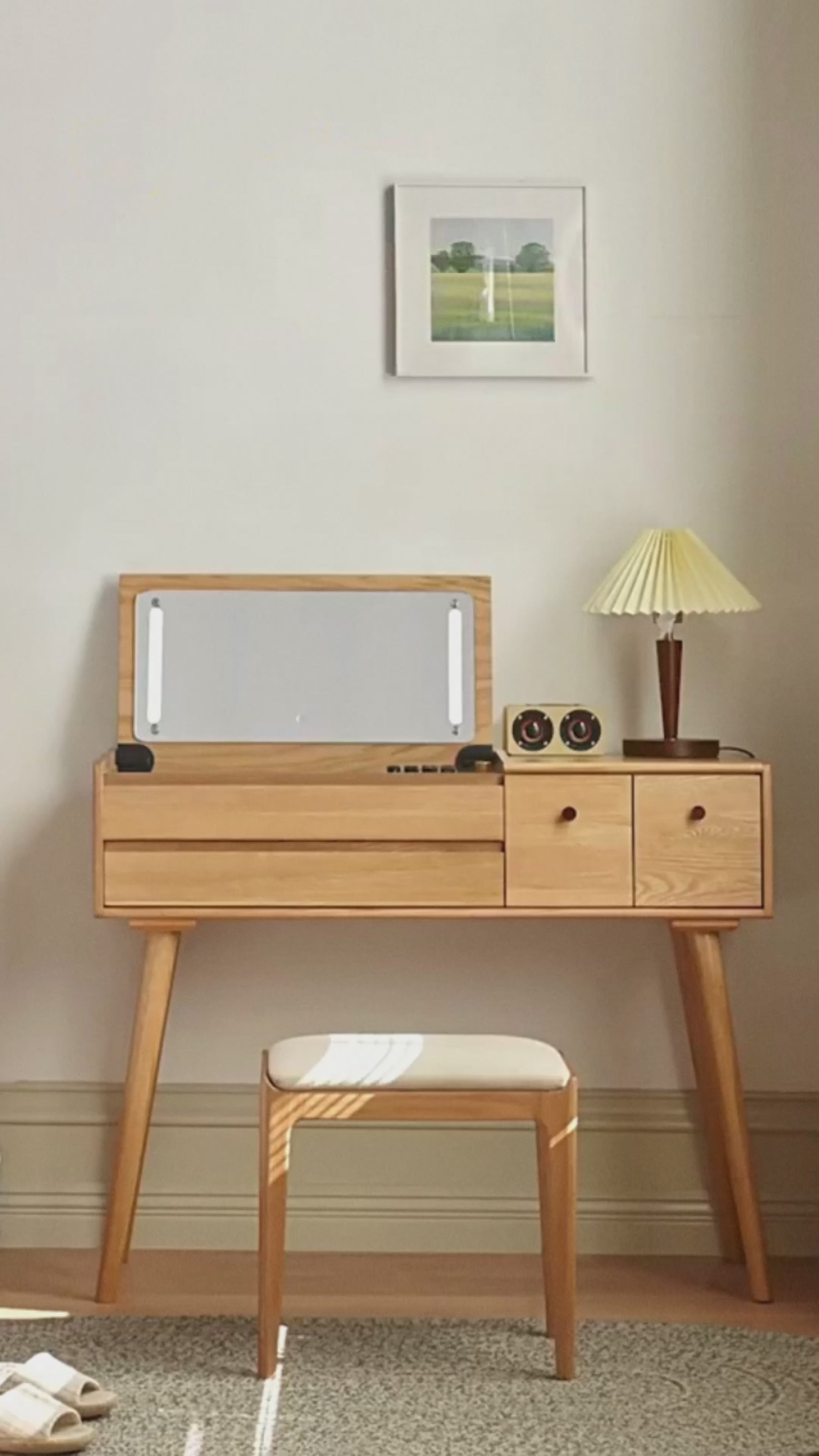 Oak Solid Wood Dressing Table Mirror LED Touch Light