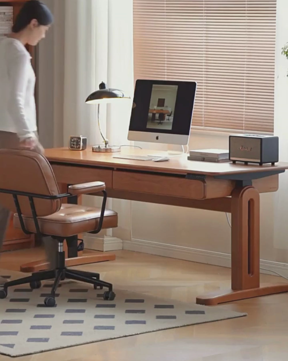 Solid Wood Desk Study Cherry Wood Electric Lift Table Modern Simple ...