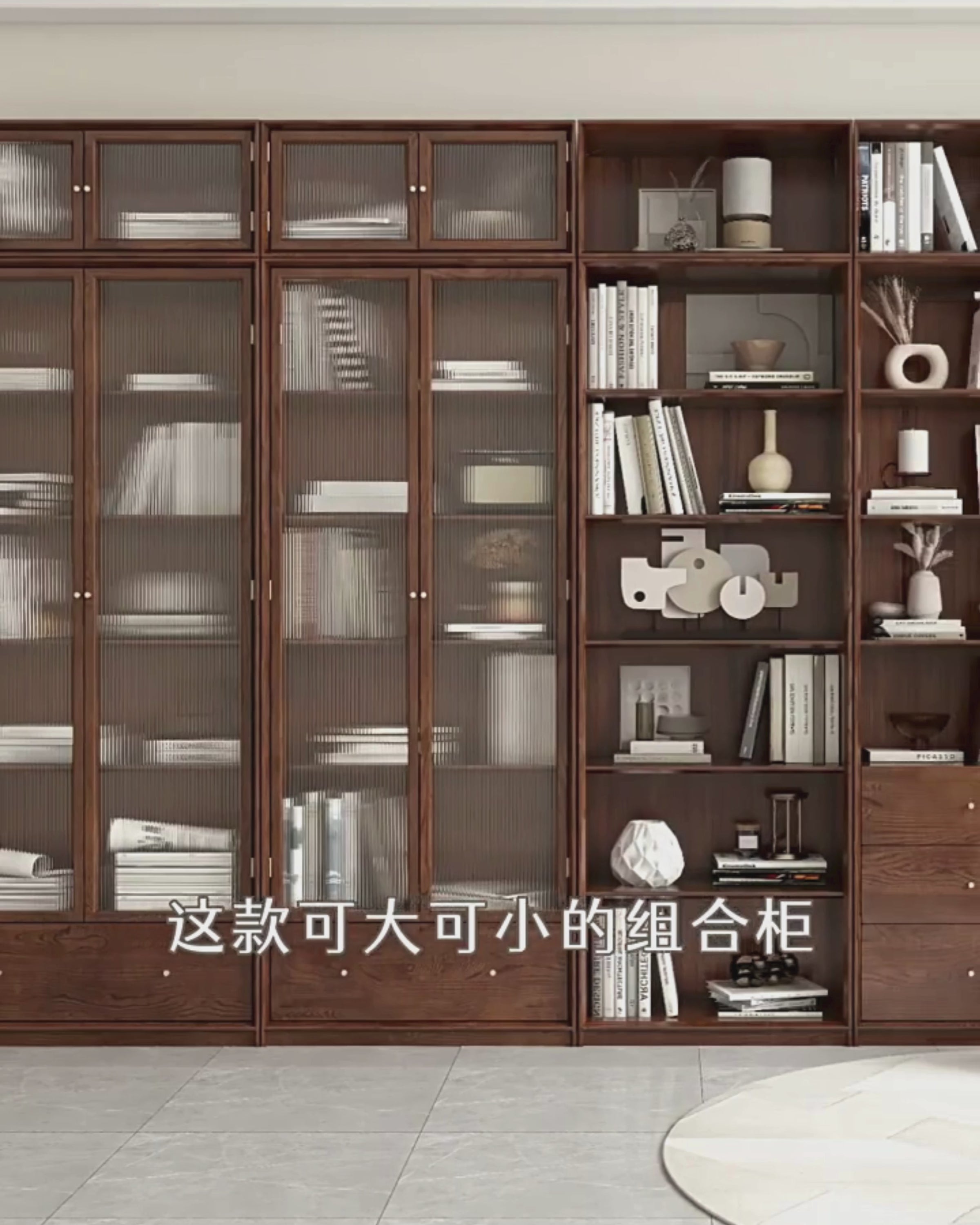 solid wood dust-proof glass door bookcase background wall floor-to ...
