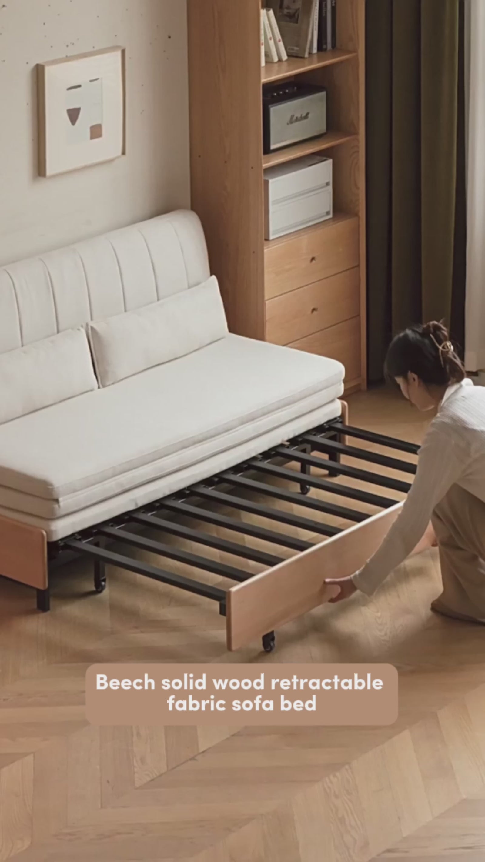 solid wood three-fold retractable sofa bed living room simple home ...