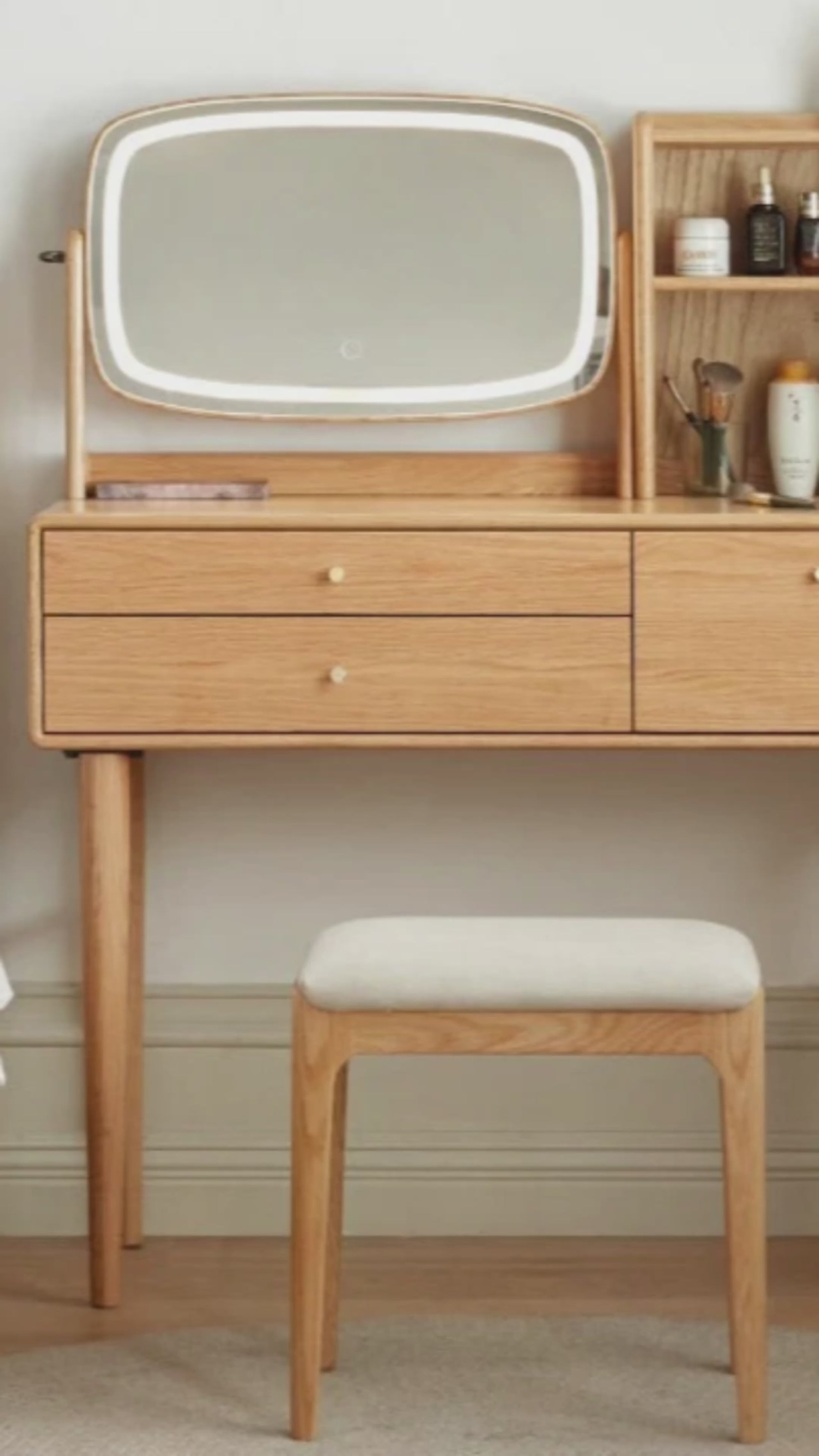 Oak, Ash Solid Wood Vanity Table Lighted Makeup Mirror.