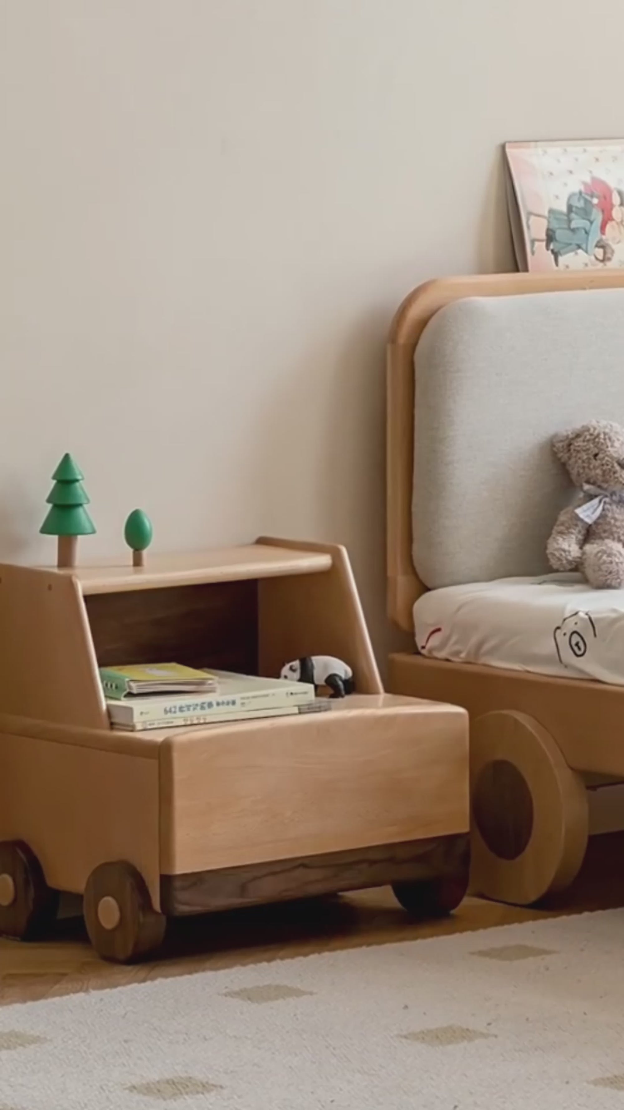 Beech Solid Wood Kids Nightstand Car Cartoon