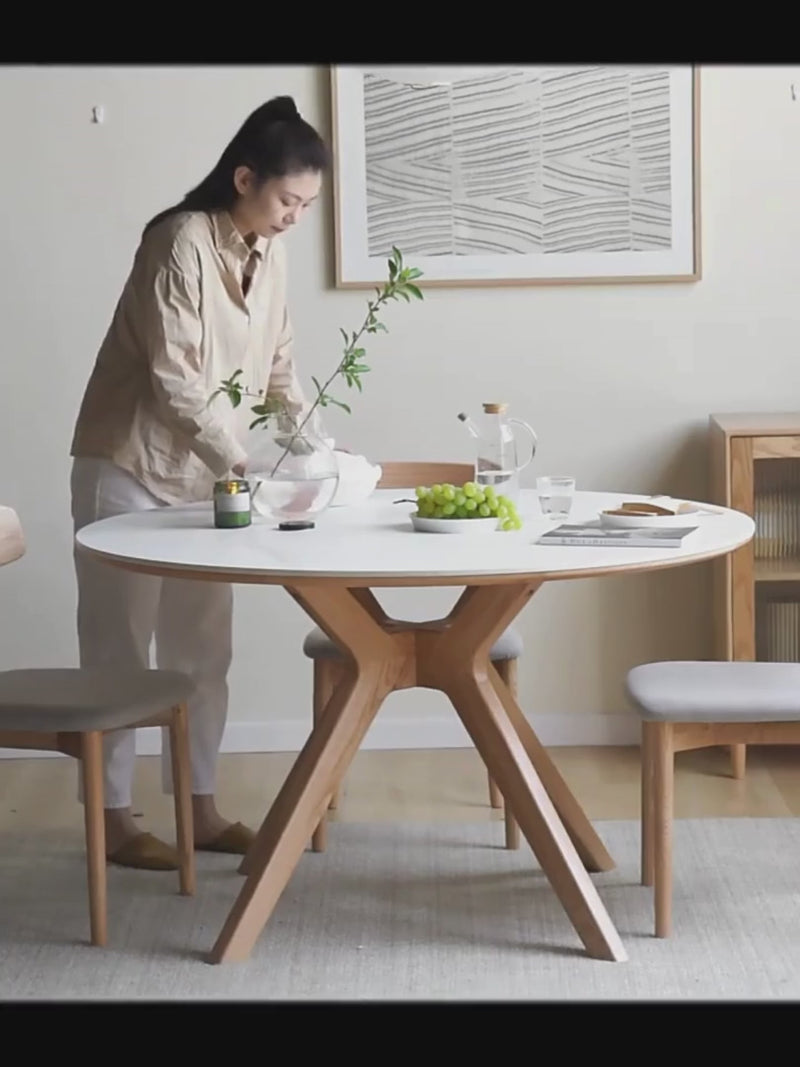 Oak Solid Wood Round Nordic Dining Table With Rock Slab Surface