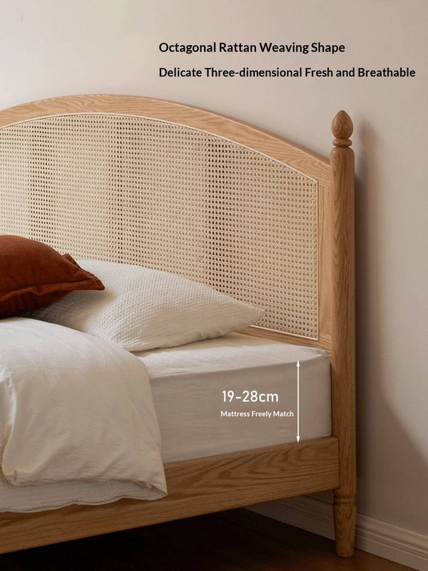 Oak Solid Wood Bed — Light Retro Style with Rattan Design