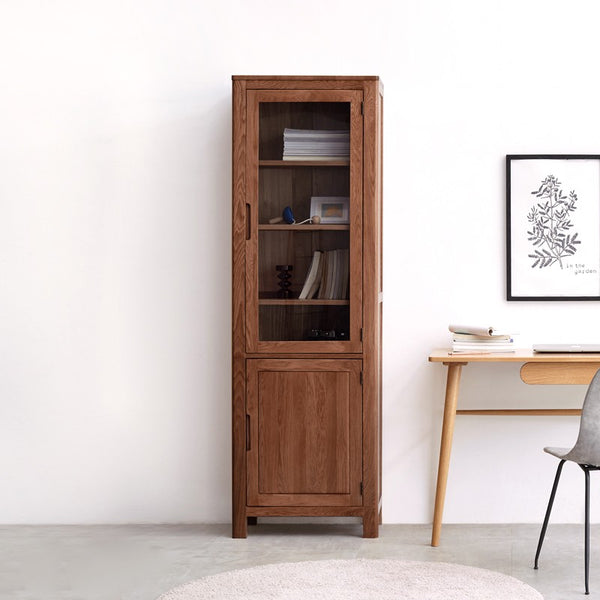 Oak Solid Wood Narrow Bookcase With Doors
