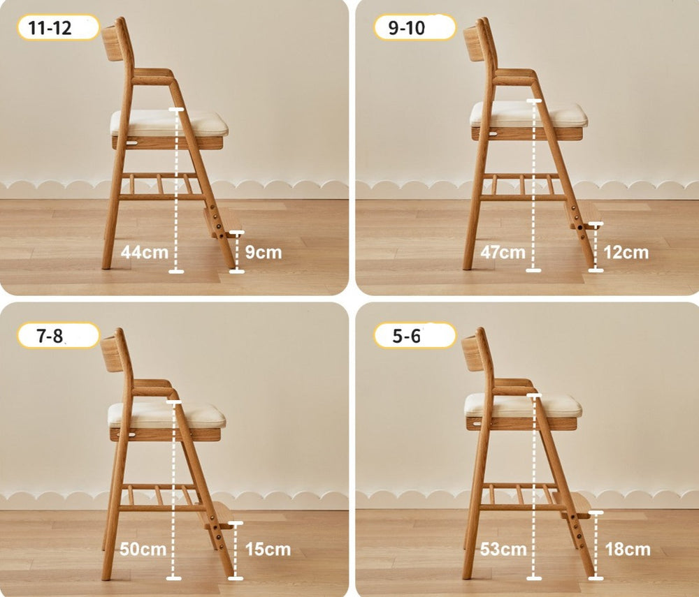 Oak Solid Wood Kids Chair Height-Adjustable