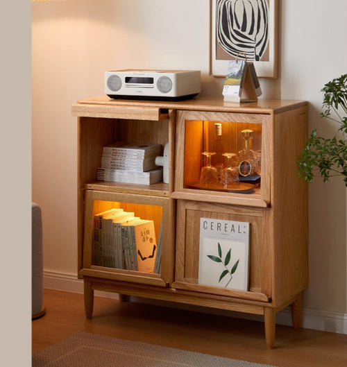Oak, Сherry, Ash Solid Wood Four-Door Bookcase with Light, Magazine Ca