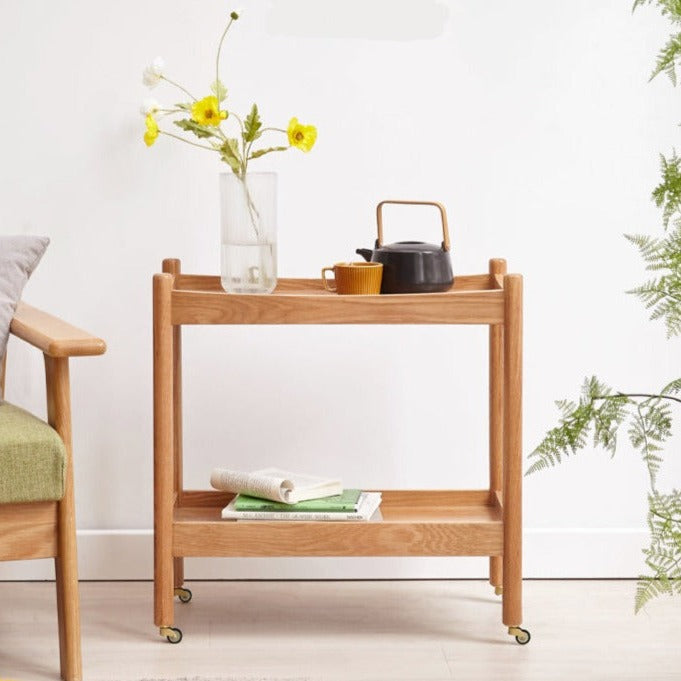 Oak solid wood trolley mobile side table-