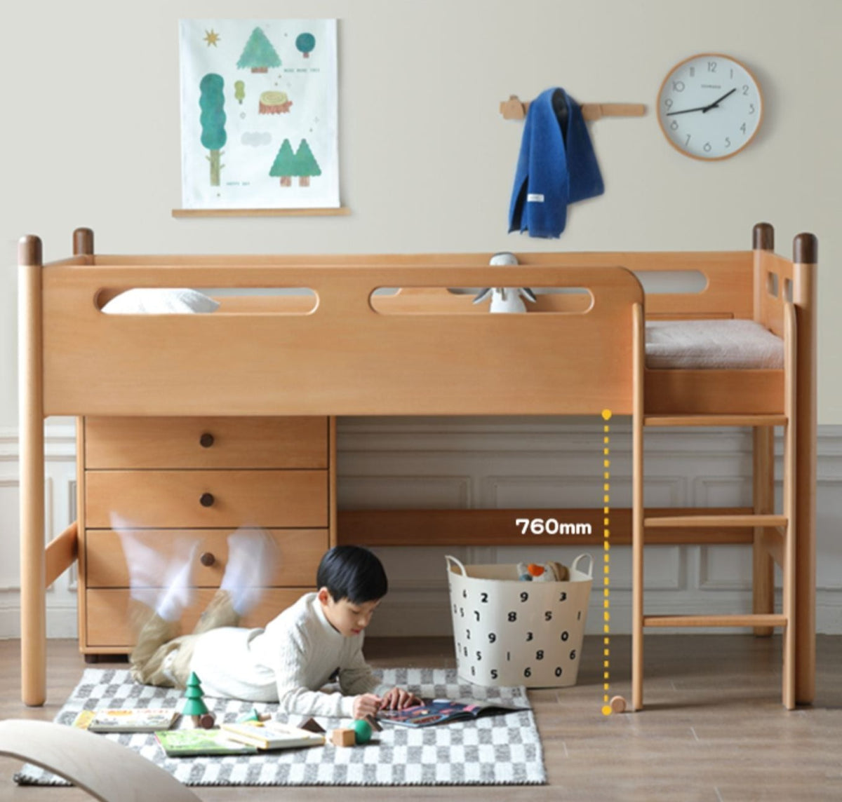 Beech solid wood Mid-high bed with slanting ladder