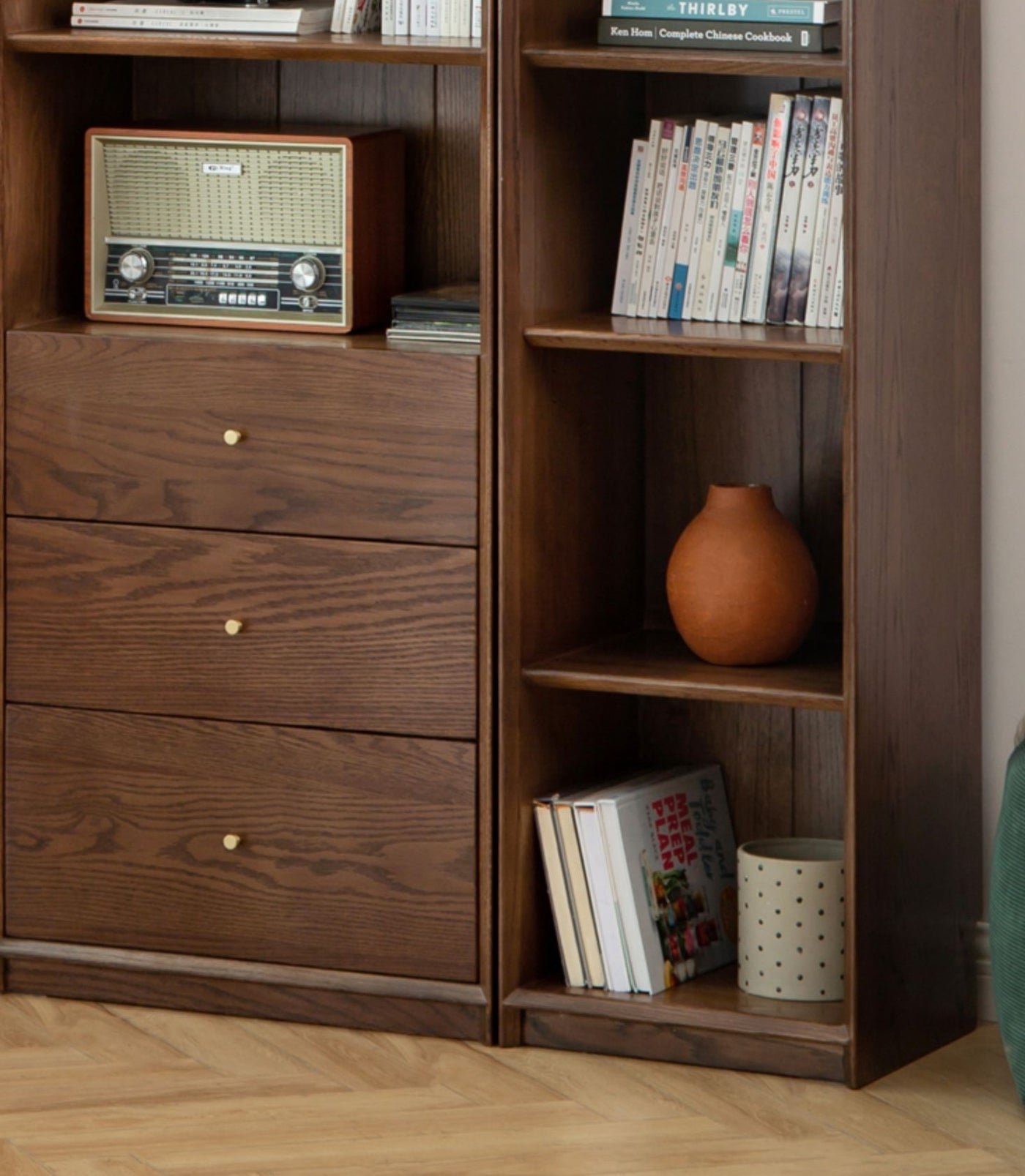 solid wood dust-proof glass door bookcase background wall floor-to ...